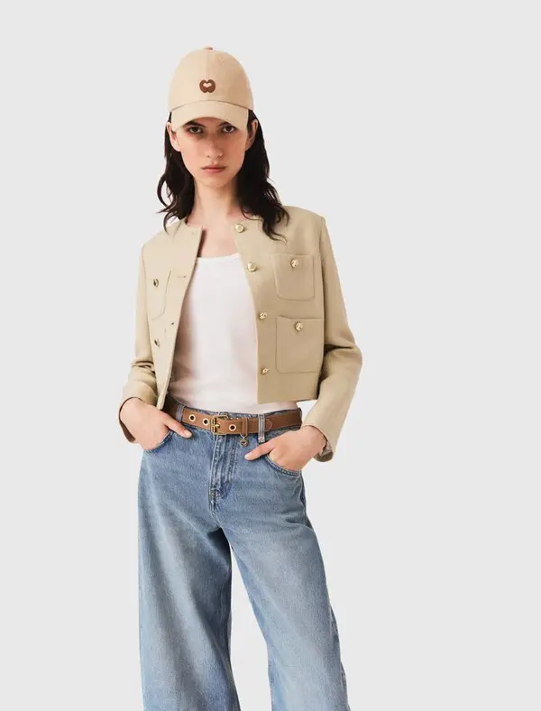 Maje Cropped Tailored Linen-blend Jacket With Gold Buttons