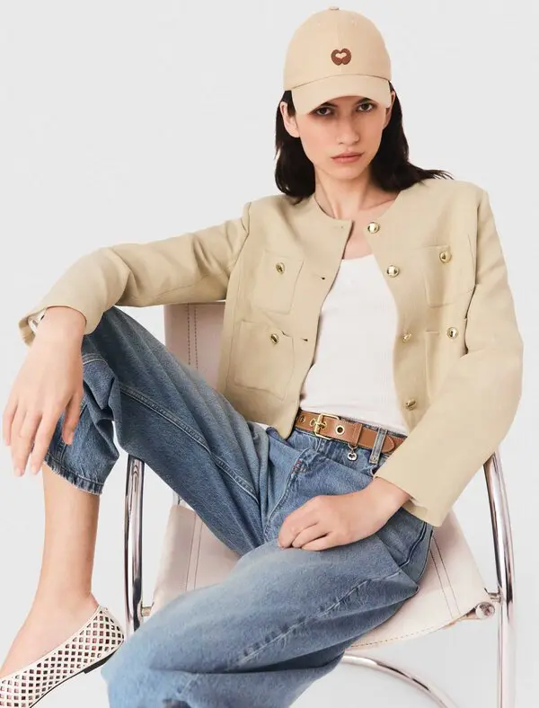 Maje Cropped Tailored Linen-blend Jacket With Gold Buttons