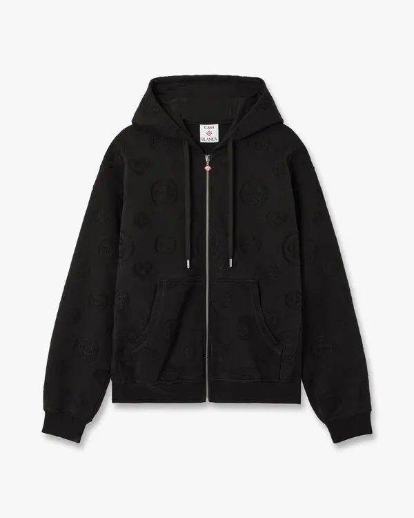 Casablanca Applique Monogram Zip-up Hooded Sweatshirt - Black