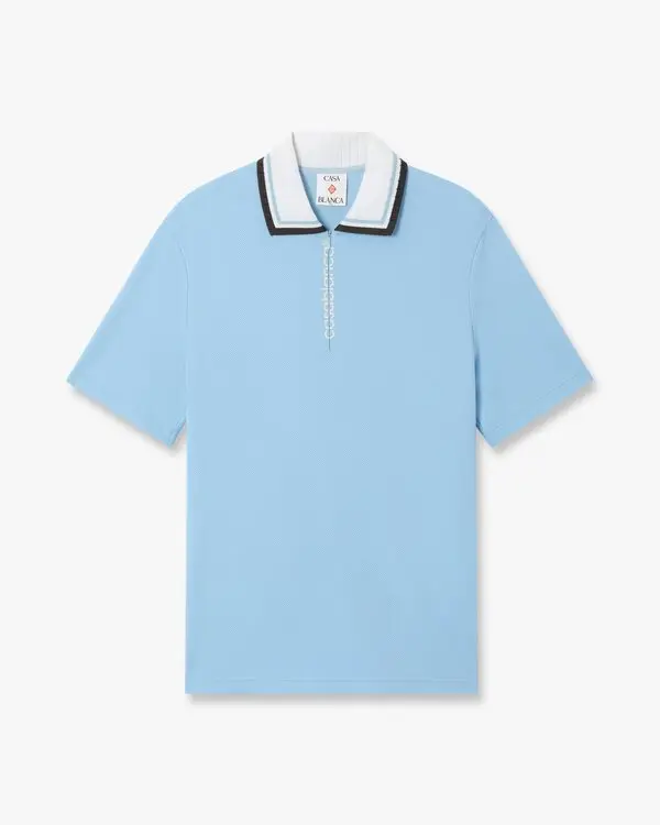Casablanca Pale Pique Quarter Zip Short Sleeve Polo Shirt - Blue