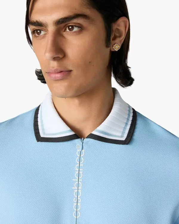 Casablanca Pale Pique Quarter Zip Short Sleeve Polo Shirt - Blue
