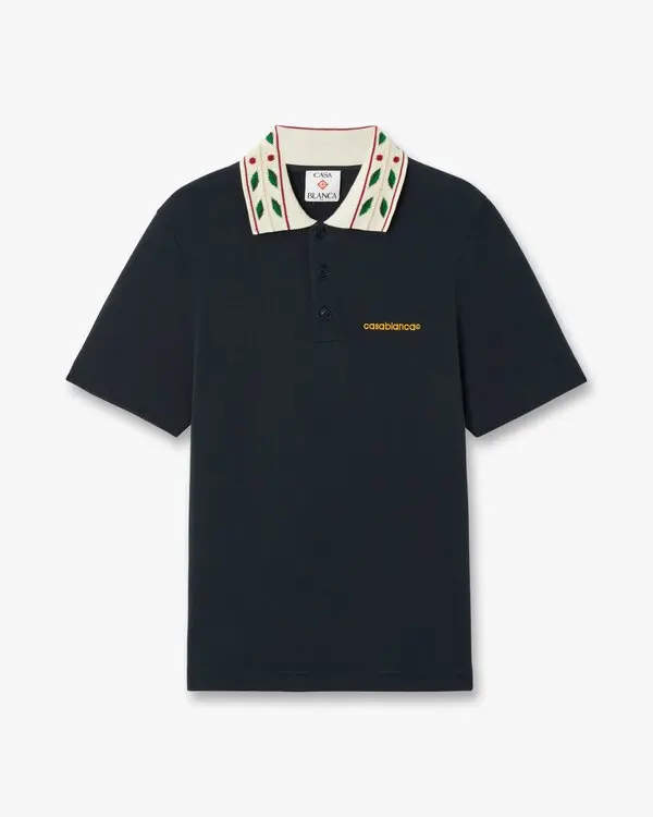 Casablanca Navy Laurel Pique Short Sleeve Polo Shirt - Multicolor
