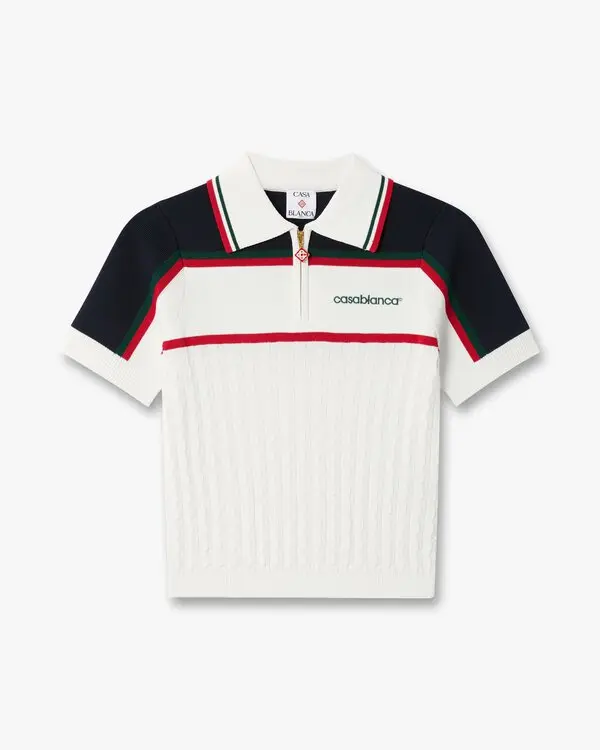 Casablanca Cream & Navy Knit Tennis Short Sleeve Polo Shirt - Multicolor