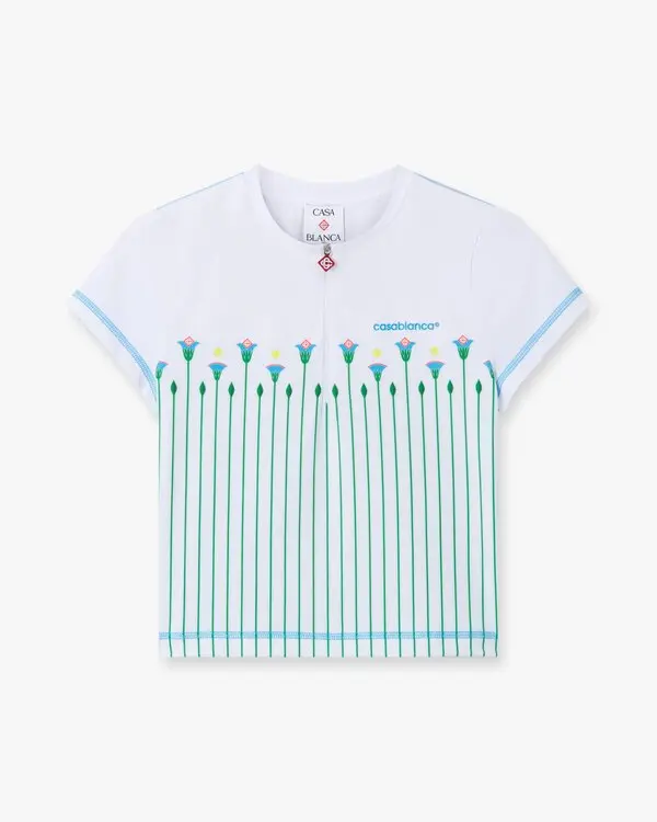 Casablanca White Floral Stripe Sporty Quarter Zip Tennis Top - Green