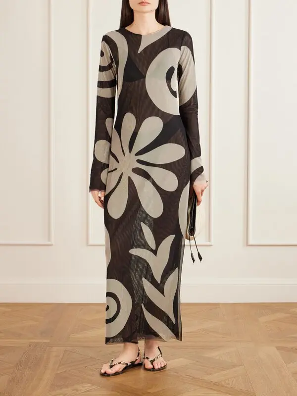 CALA DE LA CRUZ Tania Printed Mesh Midi Dress
