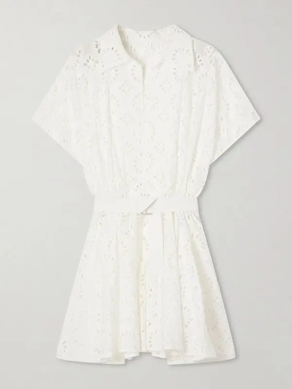 Norma Kamali Belted Broderie Anglaise Cotton Mini Dress - White