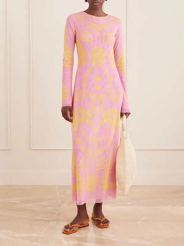 CALA DE LA CRUZ Tania Printed Mesh Maxi Dress - Pink