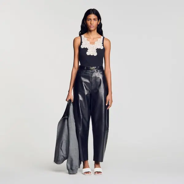 Sandro Ribbed Vest Top With Lace - Black
