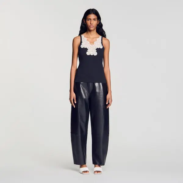 Sandro Ribbed Knit Tank Top With Lace Trim - Black