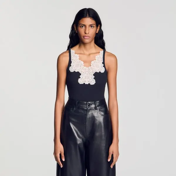 Sandro Ribbed Knit Tank Top With Lace Trim - Black