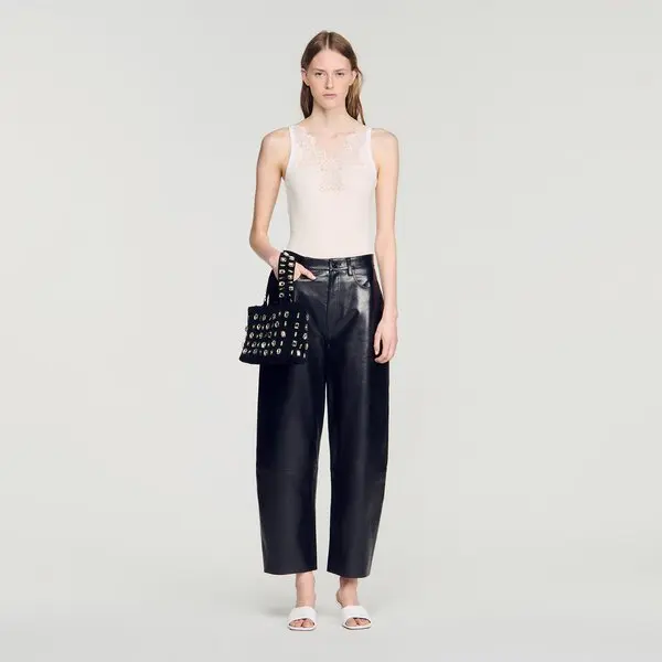 Sandro Ribbed Vest Top With Lace - Ecru