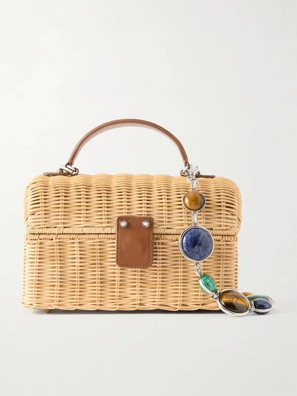 Judith Leiber Isla Raffia Clutch With Leather Trim And Gemstone Chain - Neutrals