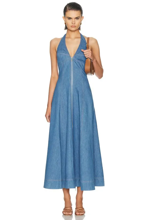 NICHOLAS Elsa Halter Zip Front Maxi Dress In Blue - Light Wash