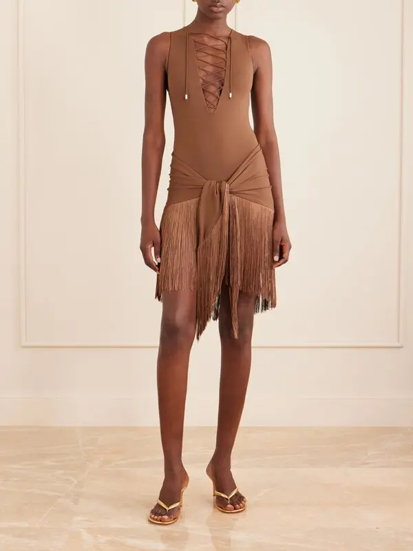 TALLER MARMO Sahara Tie-detailed Stretch-jersey One-piece With Fringed Pareo