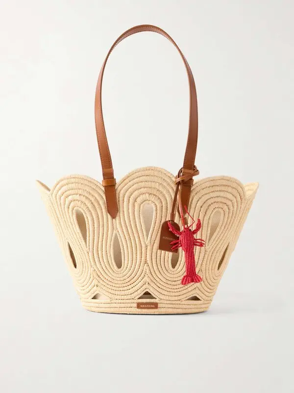 AQUAZZURA Artiste Medium Leather-trimmed Raffia Tote - Neutral