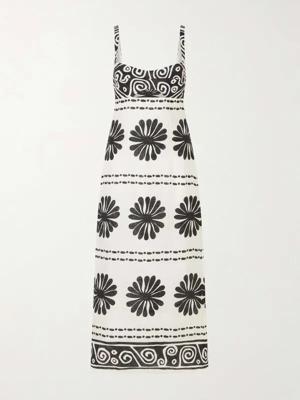 CALA DE LA CRUZ Nara Cutout Printed Linen Midi Dress - Ecru