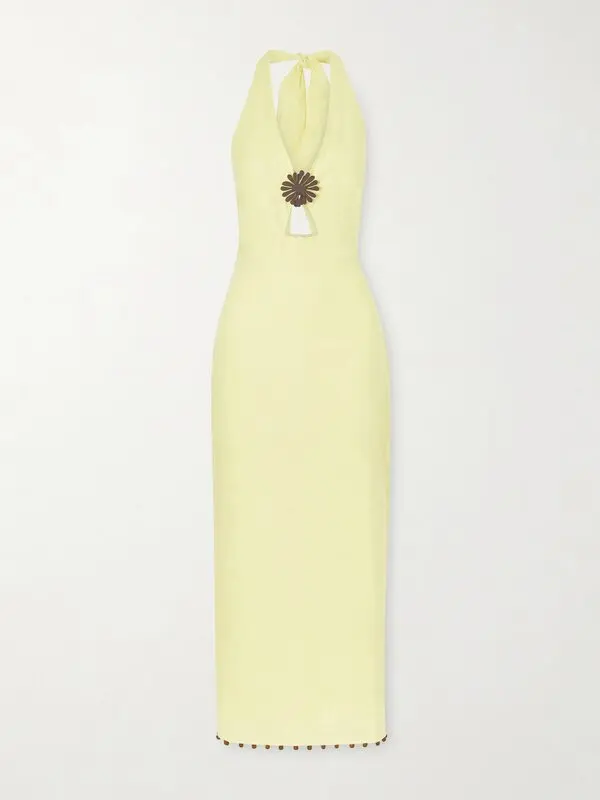 CALA DE LA CRUZ Embellished Linen Maxi Dress - Yellow