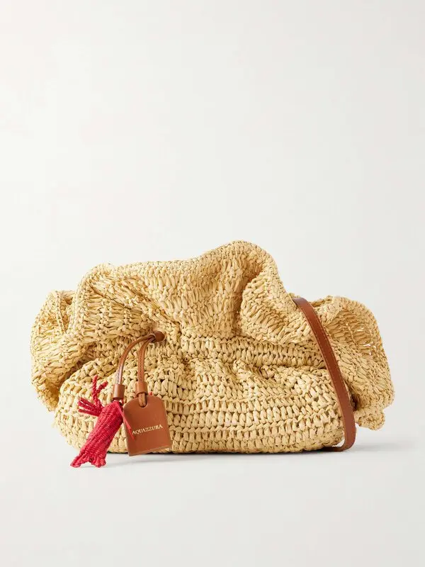 AQUAZZURA Paradise Mini Leather-trimmed Raffia Bag - Neutral