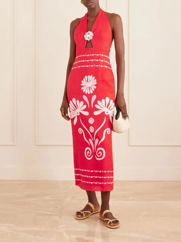 CALA DE LA CRUZ Orly Embellished Cutout Printed Linen Maxi Dress - Red