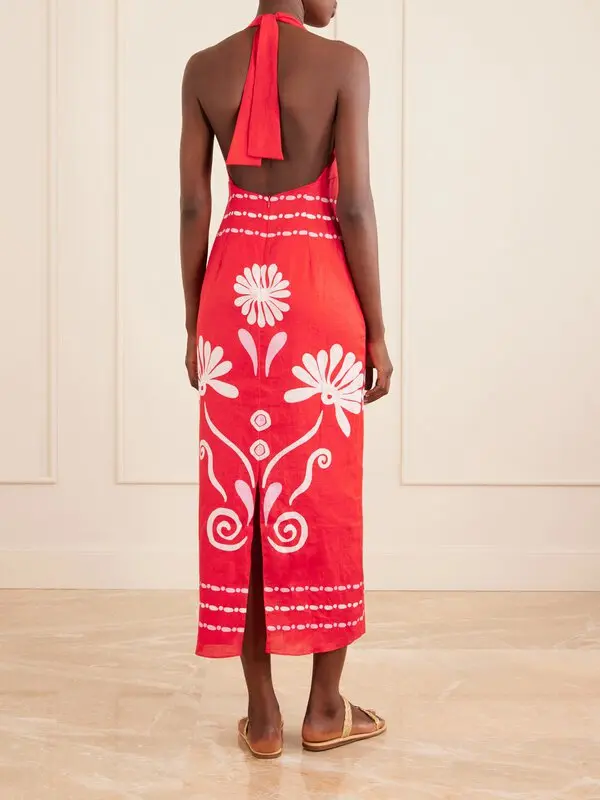 CALA DE LA CRUZ Orly Embellished Cutout Printed Linen Maxi Dress - Red