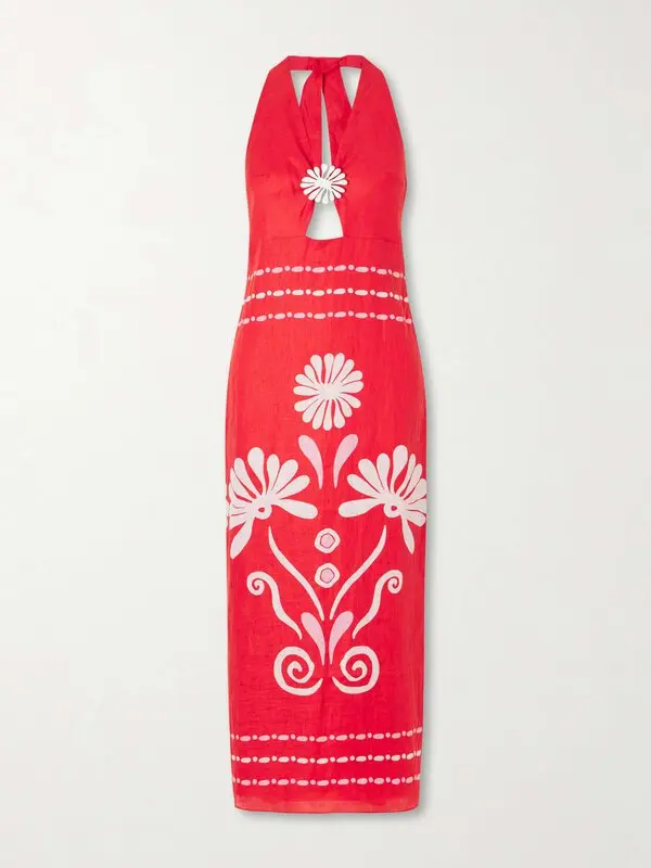 CALA DE LA CRUZ Orly Embellished Cutout Printed Linen Maxi Dress - Tomato Red