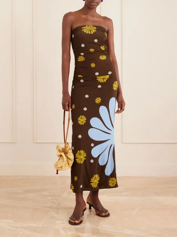 CALA DE LA CRUZ Daphne Ruched Printed Jersey Midi Dress - Brown