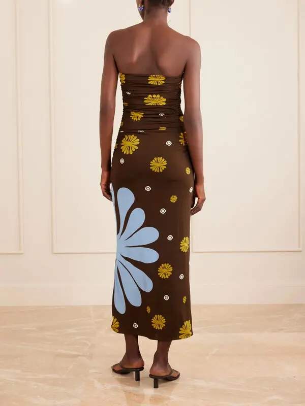 CALA DE LA CRUZ Daphne Ruched Printed Jersey Midi Dress - Brown
