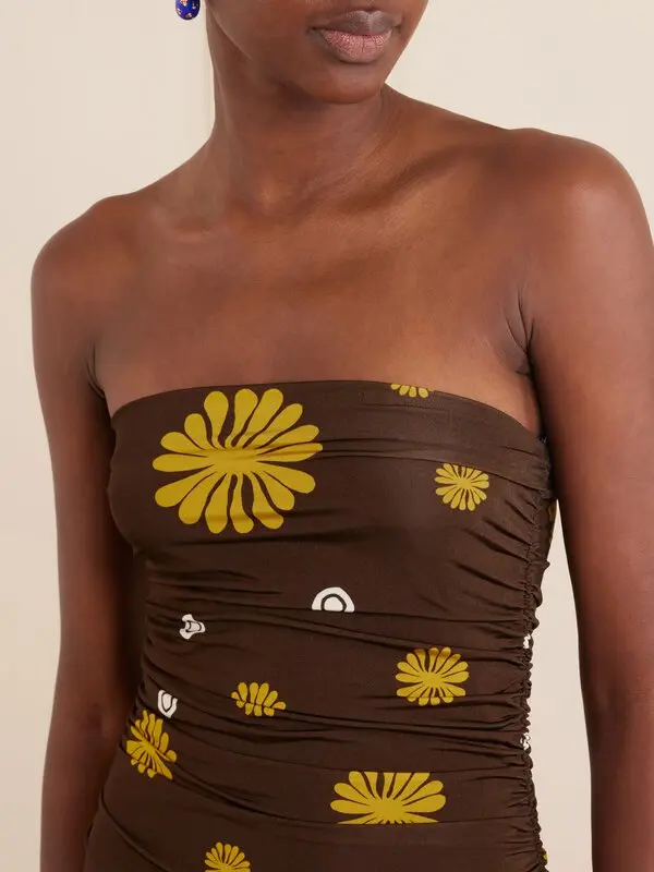 CALA DE LA CRUZ Daphne Ruched Printed Jersey Midi Dress - Brown