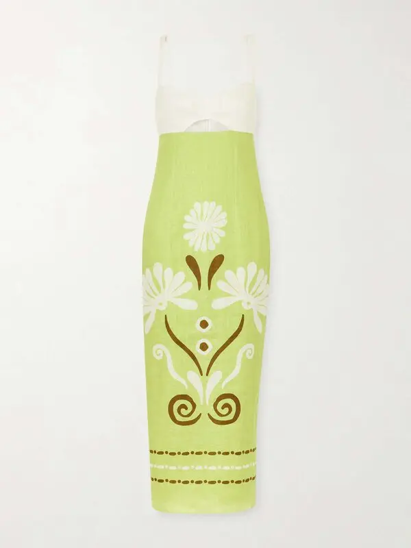 CALA DE LA CRUZ Nara Cutout Printed Linen Midi Dress - Lime Green