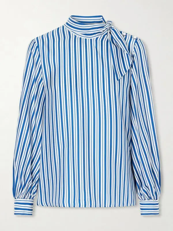 Max Mara Striped Silk High Neck Blouse With Puffed Sleeves - Blue