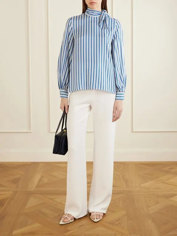 Max Mara Striped Silk High Neck Blouse With Puffed Sleeves - Blue