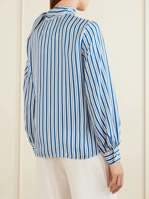 Max Mara Striped Silk High Neck Blouse With Puffed Sleeves - Blue