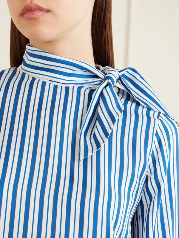 Max Mara Striped Silk High Neck Blouse With Puffed Sleeves - Blue