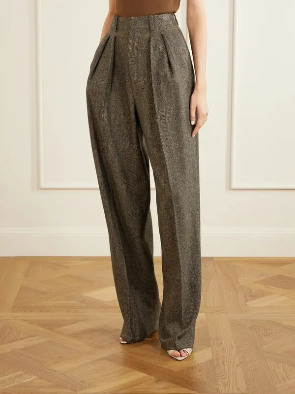 Saint Laurent Pleated Herringbone Wool-blend Straight-leg Trousers