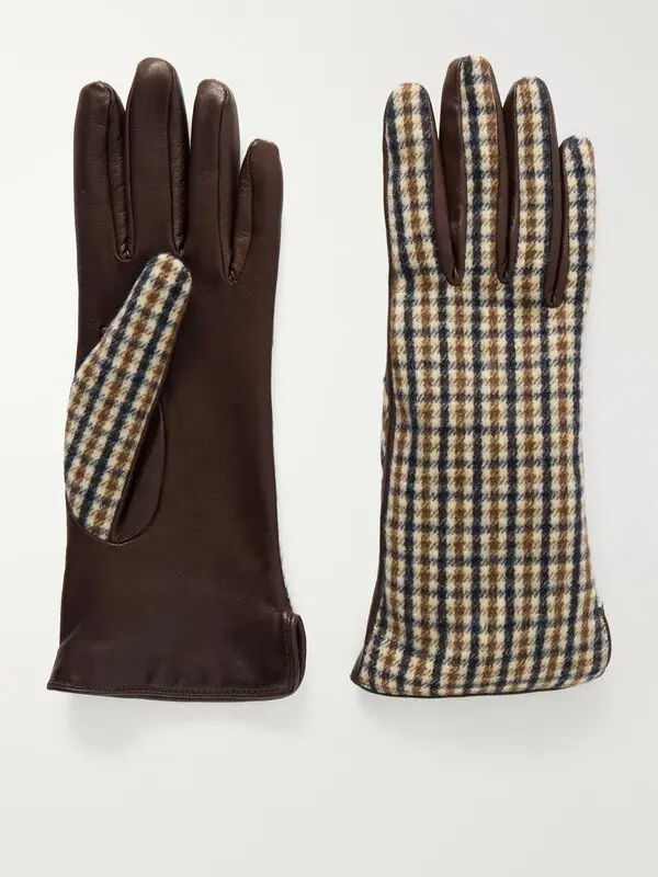 Brunello Cucinelli Checked Wool And Leather Gloves - Brown
