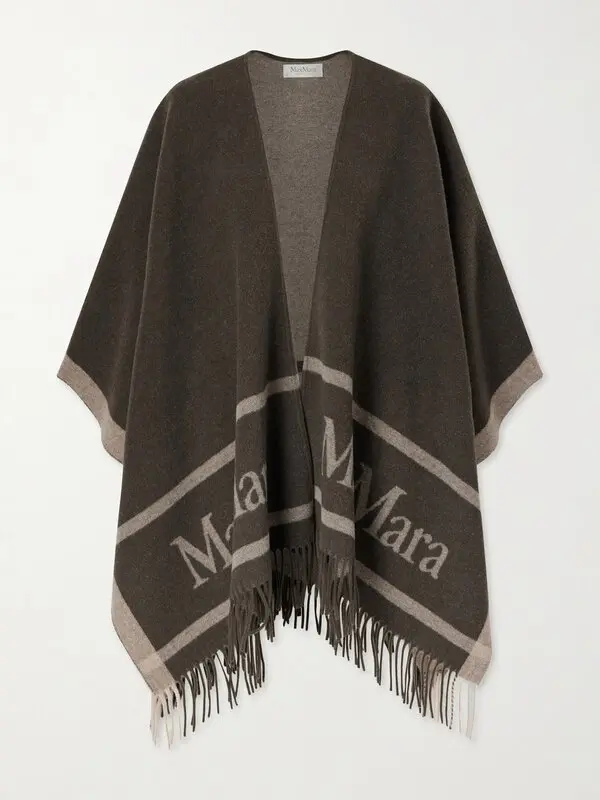 Max Mara Fringed Wool-jacquard Cape - Green