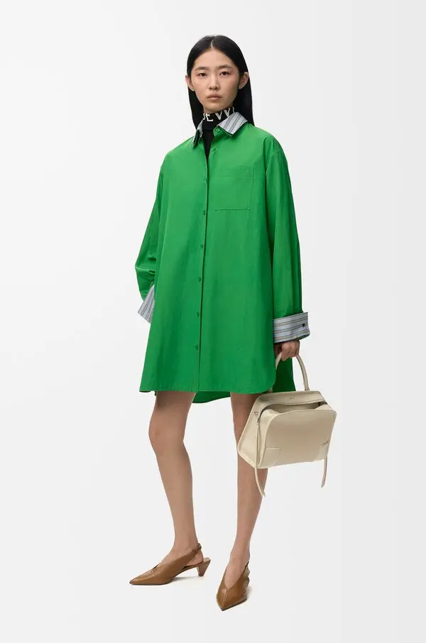 Loewe Cotton Shirt Dress With Double Layer Collar And Cuffs - Green