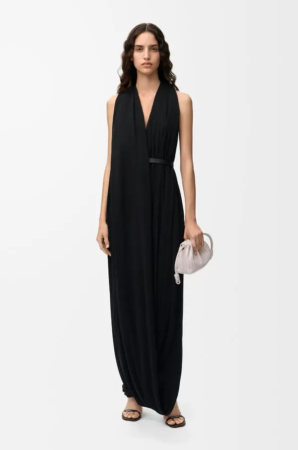 Loewe Draped Viscose Jersey Halterneck Dress With Scarf Ties And Leather Belt