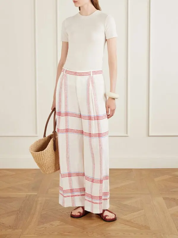 Polo Ralph Lauren Checked Linen Wide-leg Pants - Cream