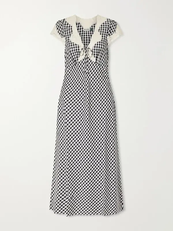 Rixo Amari Bow-detailed Lace-trimmed Checked Woven Midi Dress - Multi