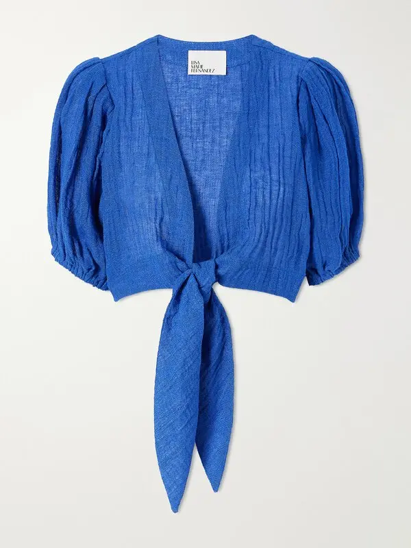 Lisa Marie Fernandez Pouf Tie-detailed Linen-blend Blouse - Blue