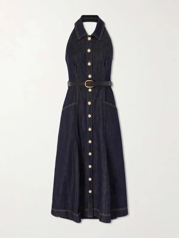 SELF-PORTRAIT Belted Halterneck Denim Midi Dress - Blue