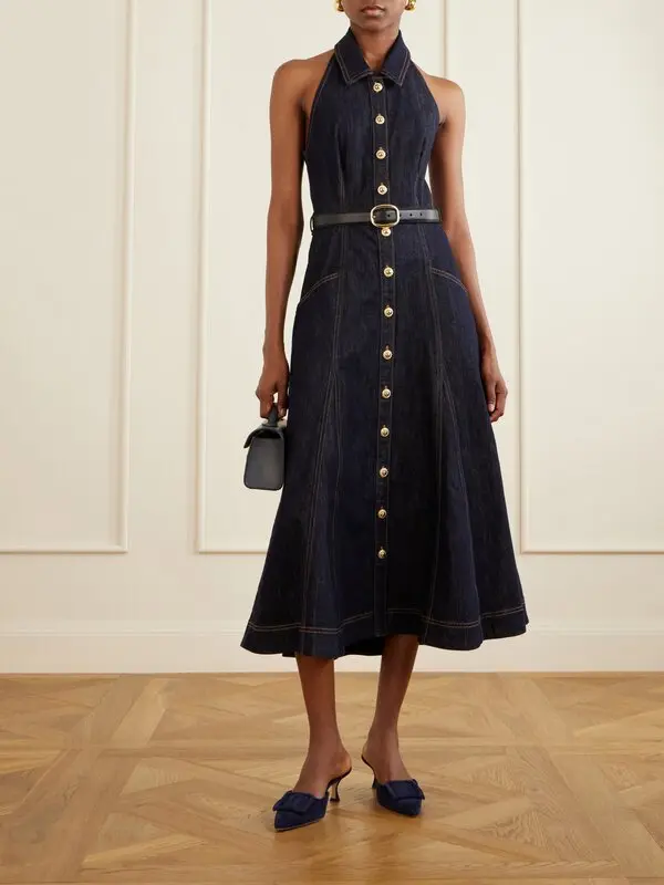SELF-PORTRAIT Belted Halterneck Denim Midi Dress