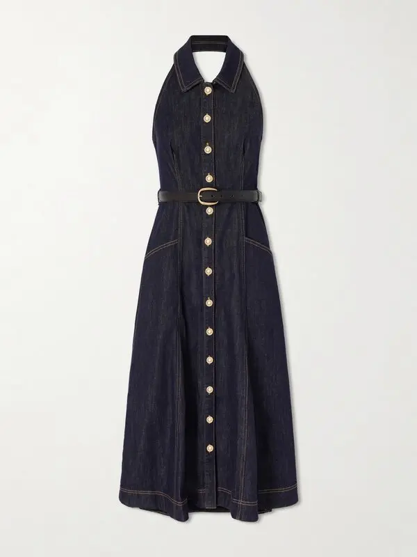 SELF-PORTRAIT Belted Halterneck Denim Midi Dress - Blue