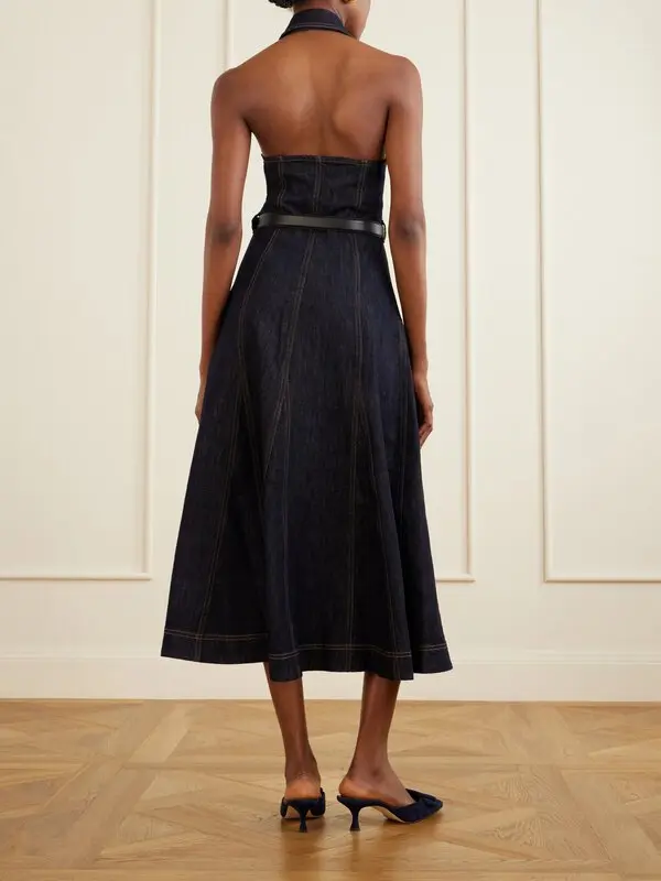 SELF-PORTRAIT Belted Halterneck Denim Midi Dress - Blue