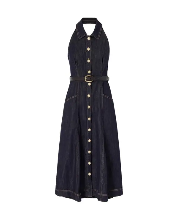 SELF-PORTRAIT Belted Halterneck Denim Midi Dress - Blue
