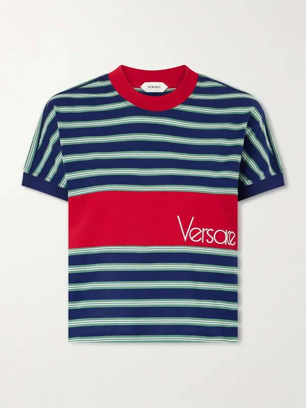 Versace Logo-embroidered Striped Cotton-jersey T-shirt - Dark Green