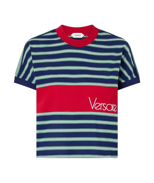 Versace Logo Embroidered Striped Cotton T-shirt - Green