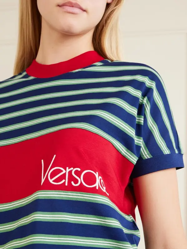 Versace Logo Embroidered Striped Cotton T-shirt - Green