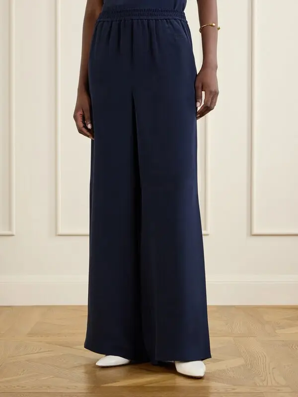 Max Mara Silk Wide-leg Pants With Embroidered Logo - Blue
